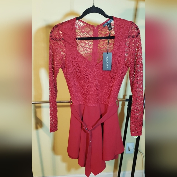 Revamped | Pants & Jumpsuits | Revamped Lace Red Shorts Romper | Poshmark